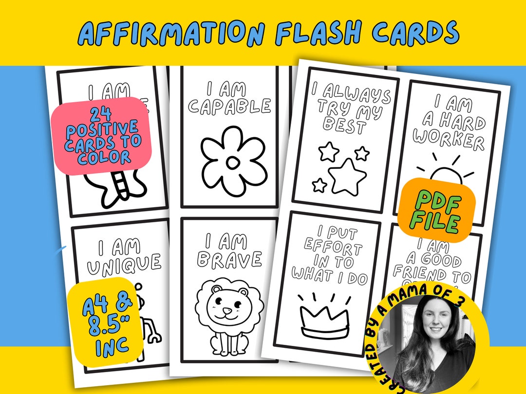 Affirmation Coloring Flash Cards for Kids, Printable Coloring Cards for ...