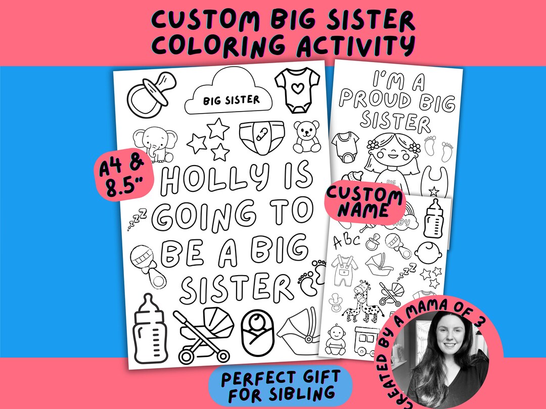 Custom Big Sister Coloring Activity Pages, Big Sister Sibling Gift Idea ...