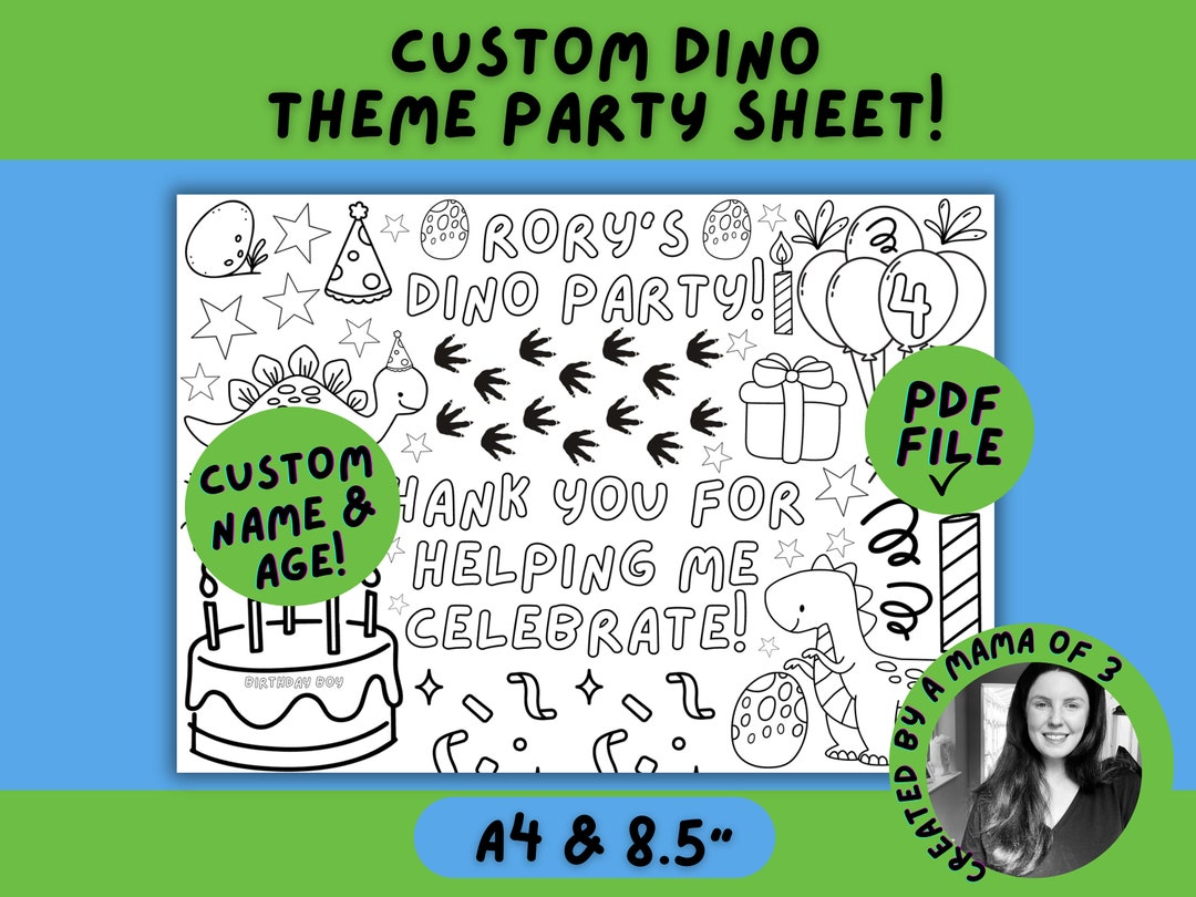 Custom Dinosaur Party Placemat: Personalized Coloring Sheet (digital ...