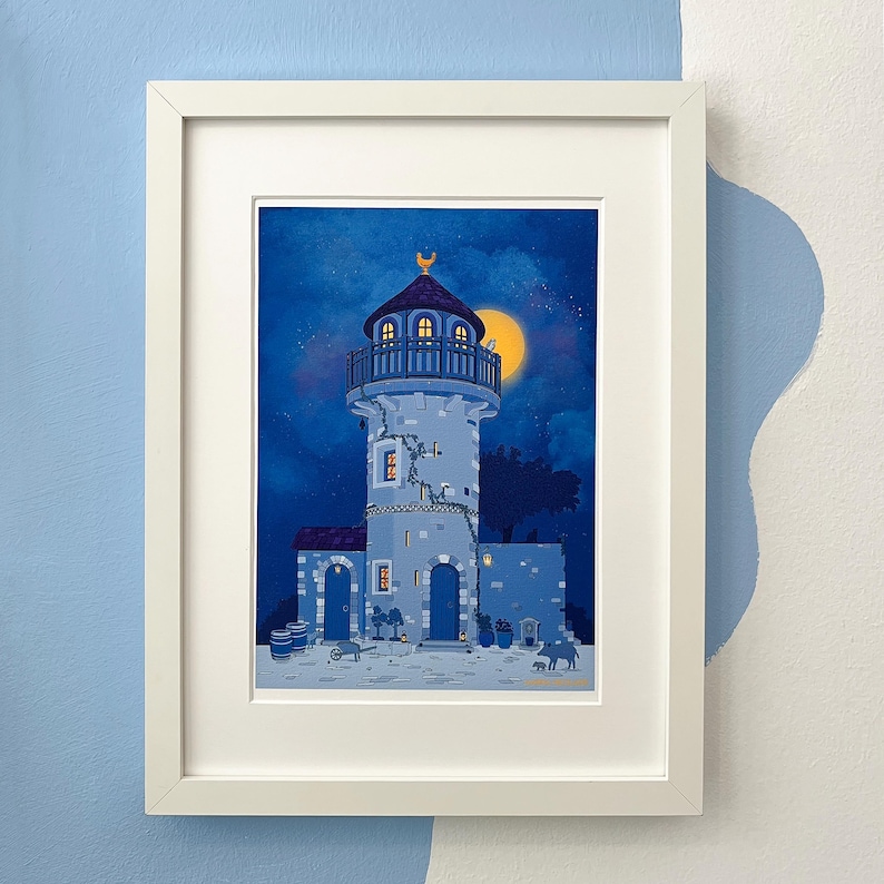 Night Tower Art Print Giclée: Full Moon Nocturnal Animals Illustration ...