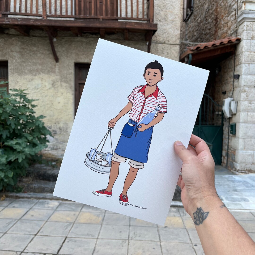 Young Waiter Boy, Greek Coffee Tray Briki, Sixties Retro Scene ...