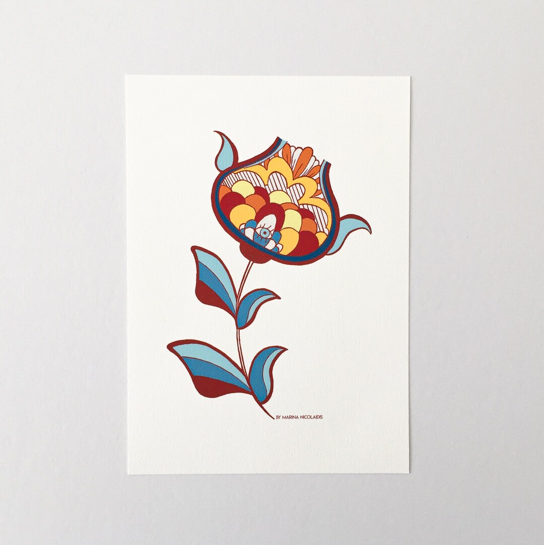 Greek Flower Art Print Illustration A5, Traditional Greek Art by Greek ...