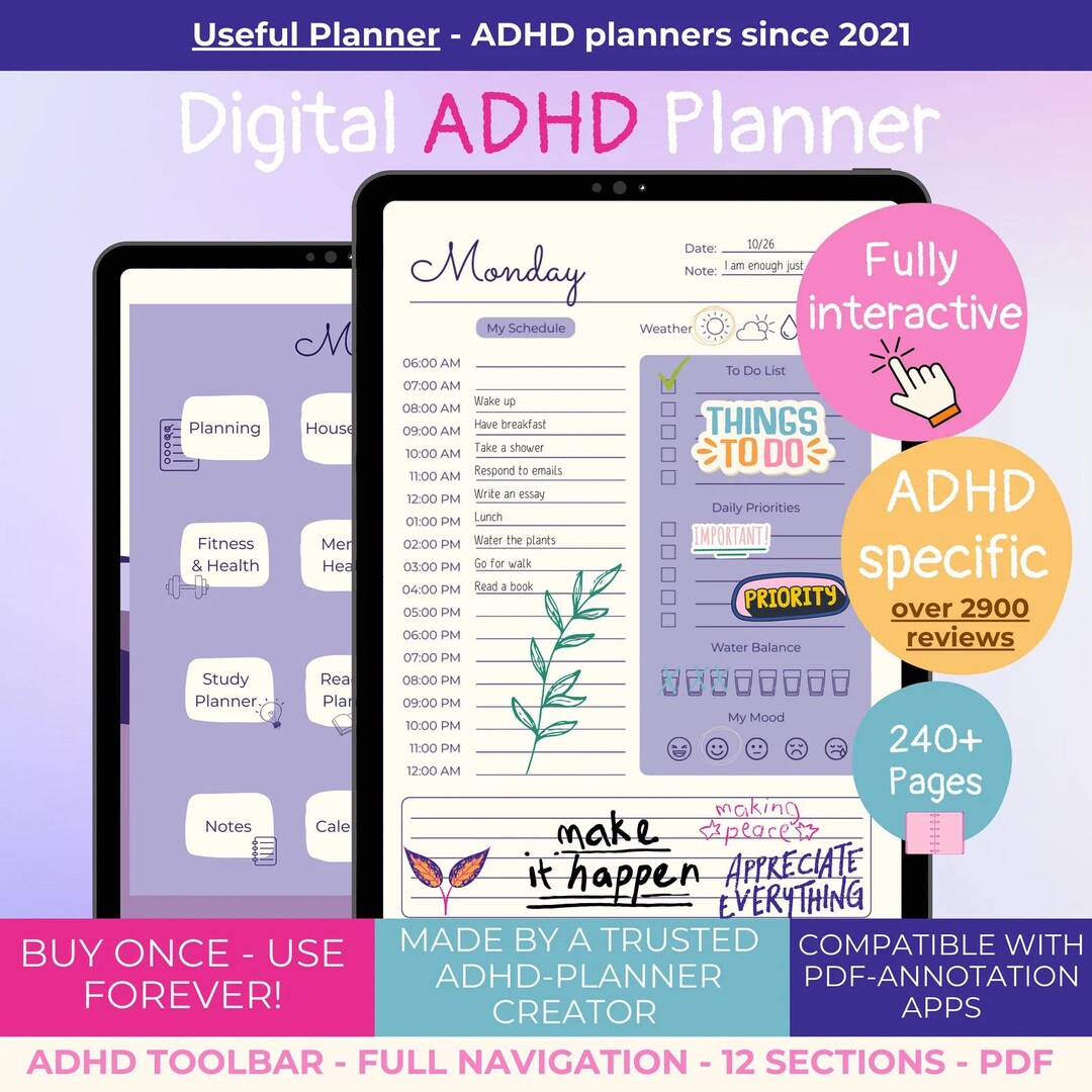 Purple ADHD Digital Planner: Focus & Time Management (PDF) - Etsy