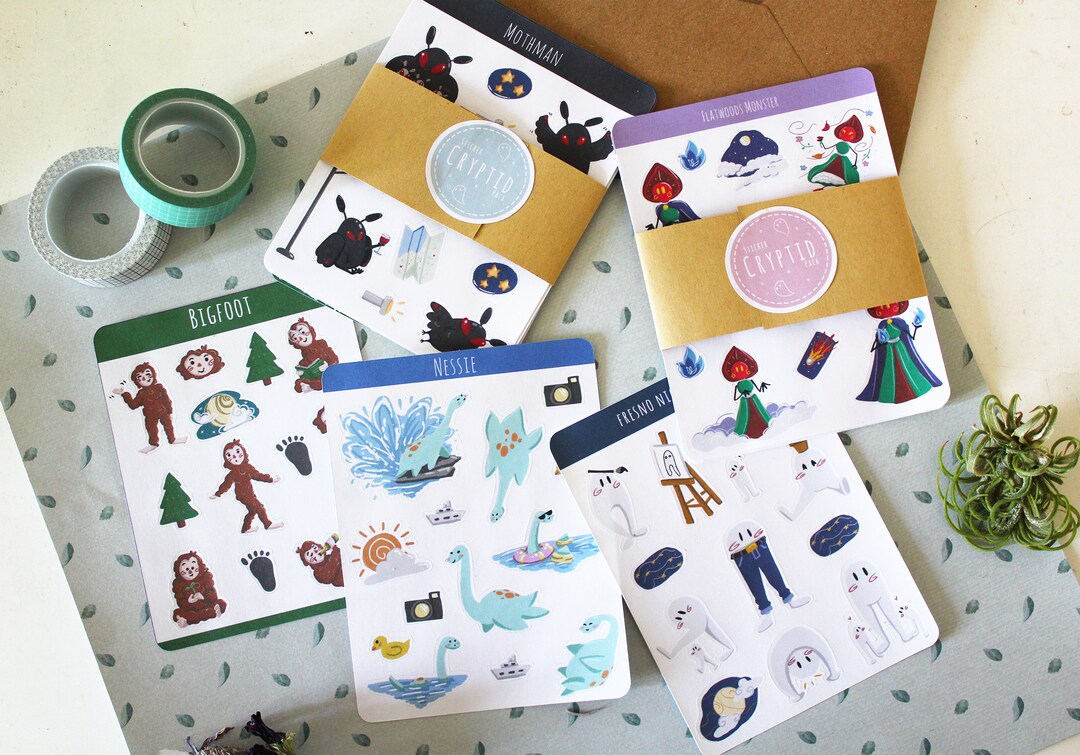 Cute Cryptid Sticker Sheet Pack - Mothman/bigfoot/lochness Monster ...