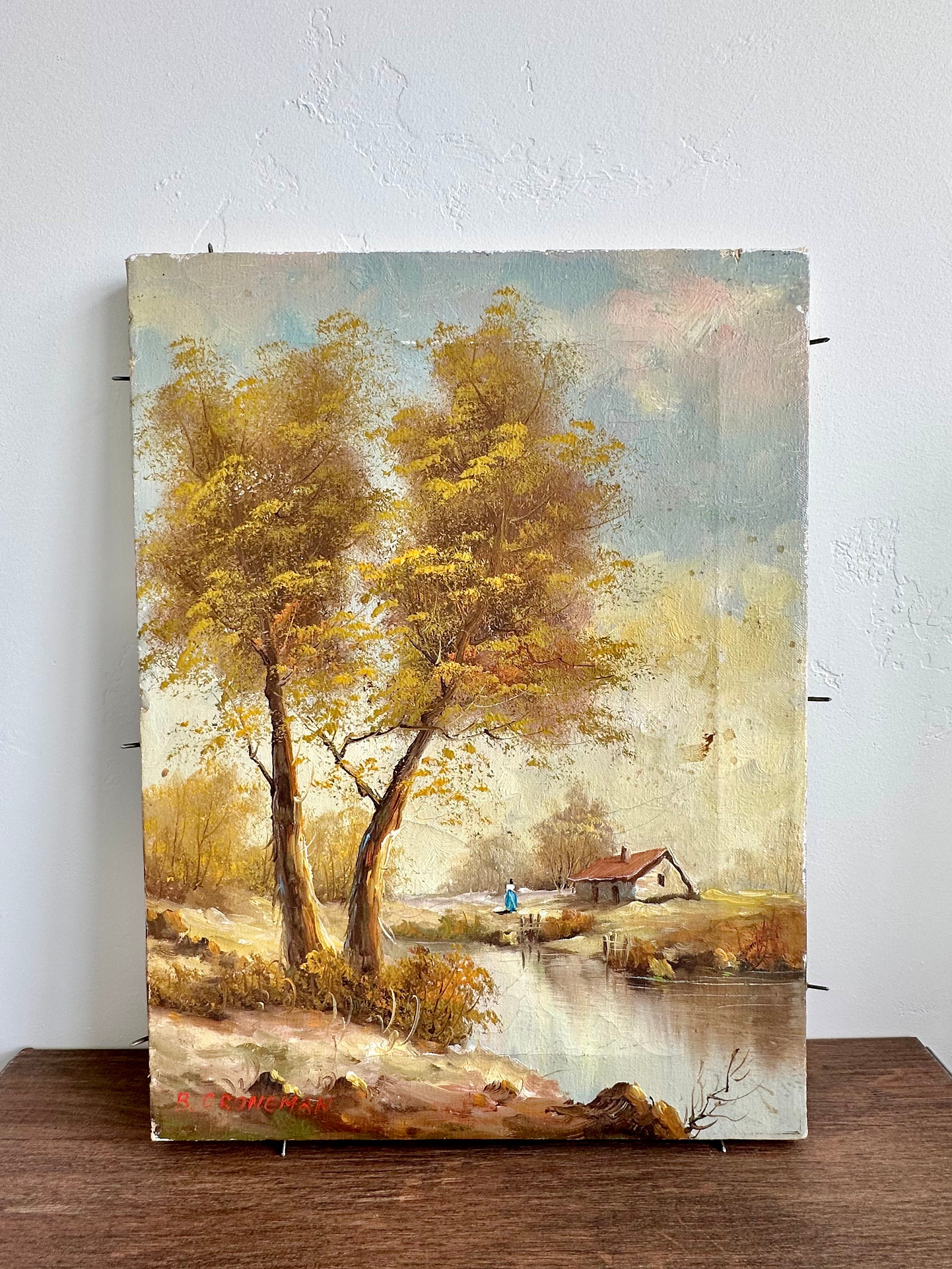 Vintage/antique B.groneman Signed Cottage River Landscape Original Oil ...