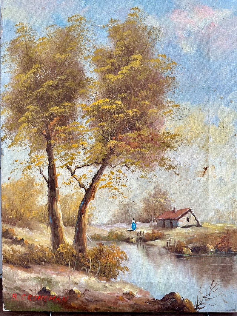Vintage/antique B.groneman Signed Cottage River Landscape Original Oil ...