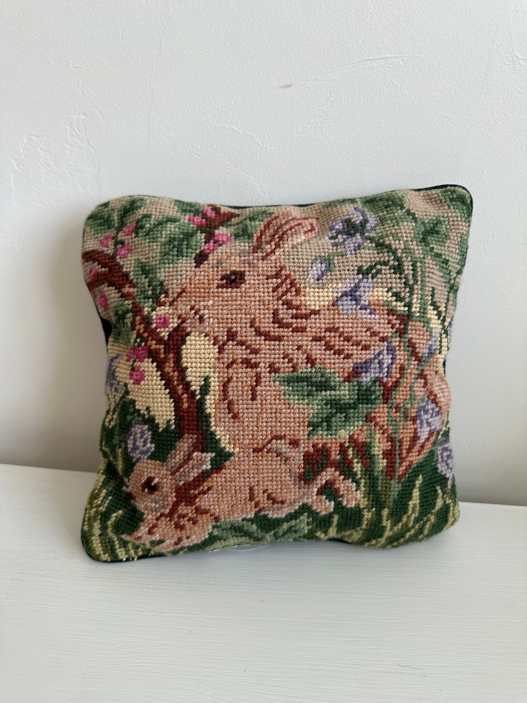 Vintage Needlepoint Green Velvet Bunny Pillow - Etsy