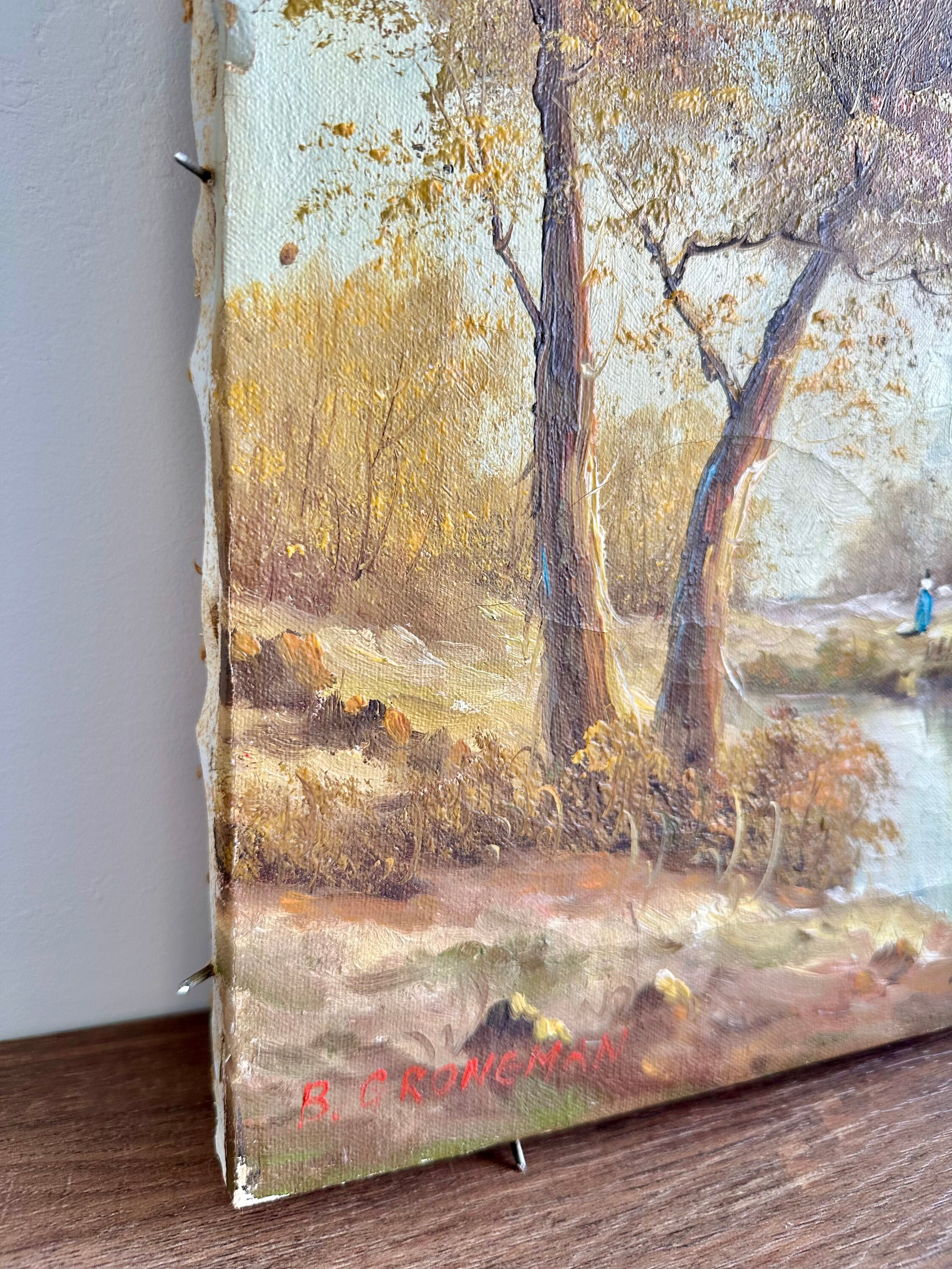 Vintage/antique B.groneman Signed Cottage River Landscape Original Oil ...