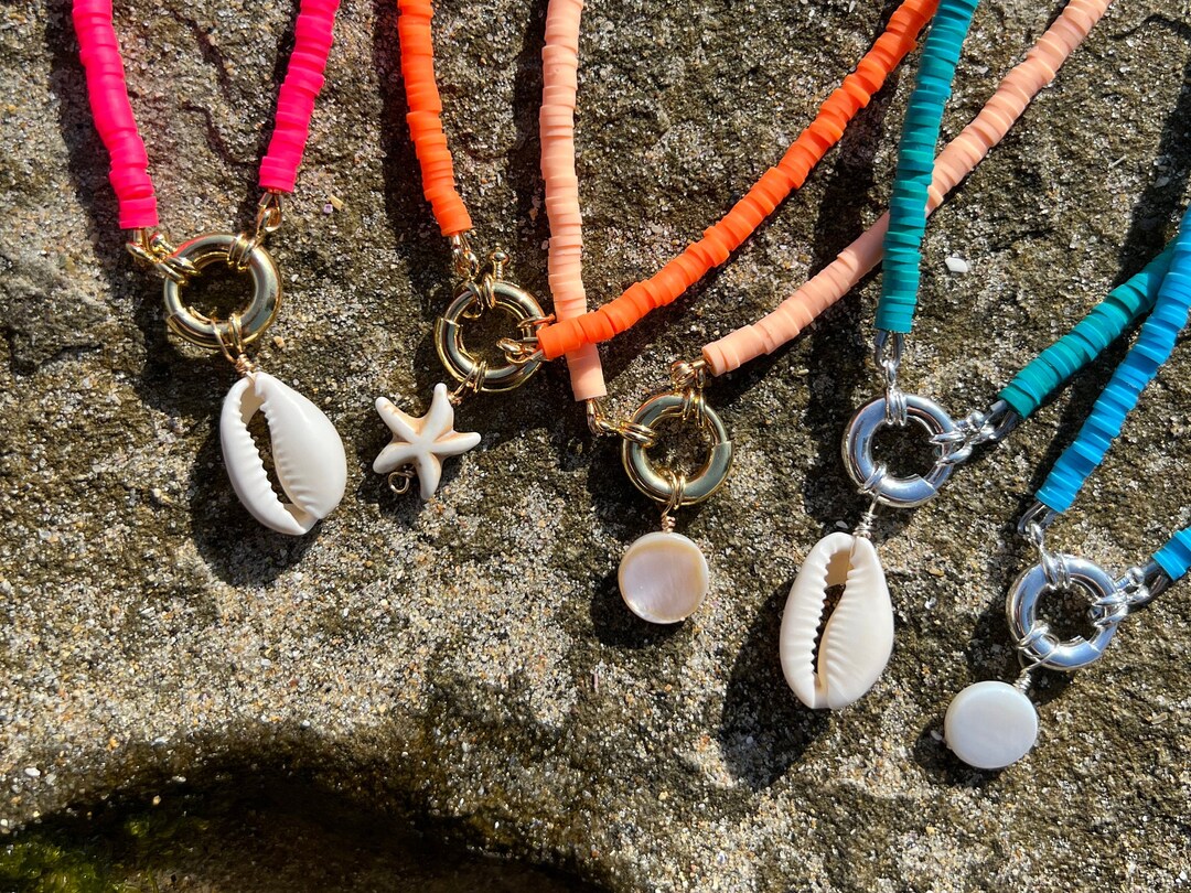 Colorful Beaded Beachy Necklace Spring Clasp Necklace Shell Necklace ...