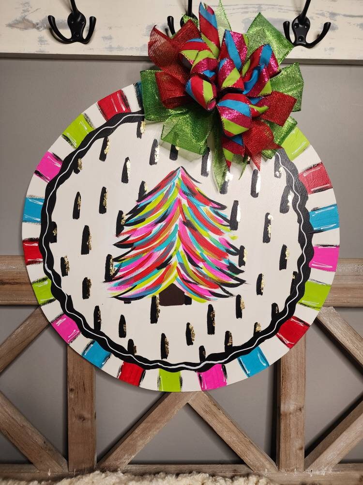 Bright Colorful Christmas Tree Door Hanger With Gold Accents Whimsical ...