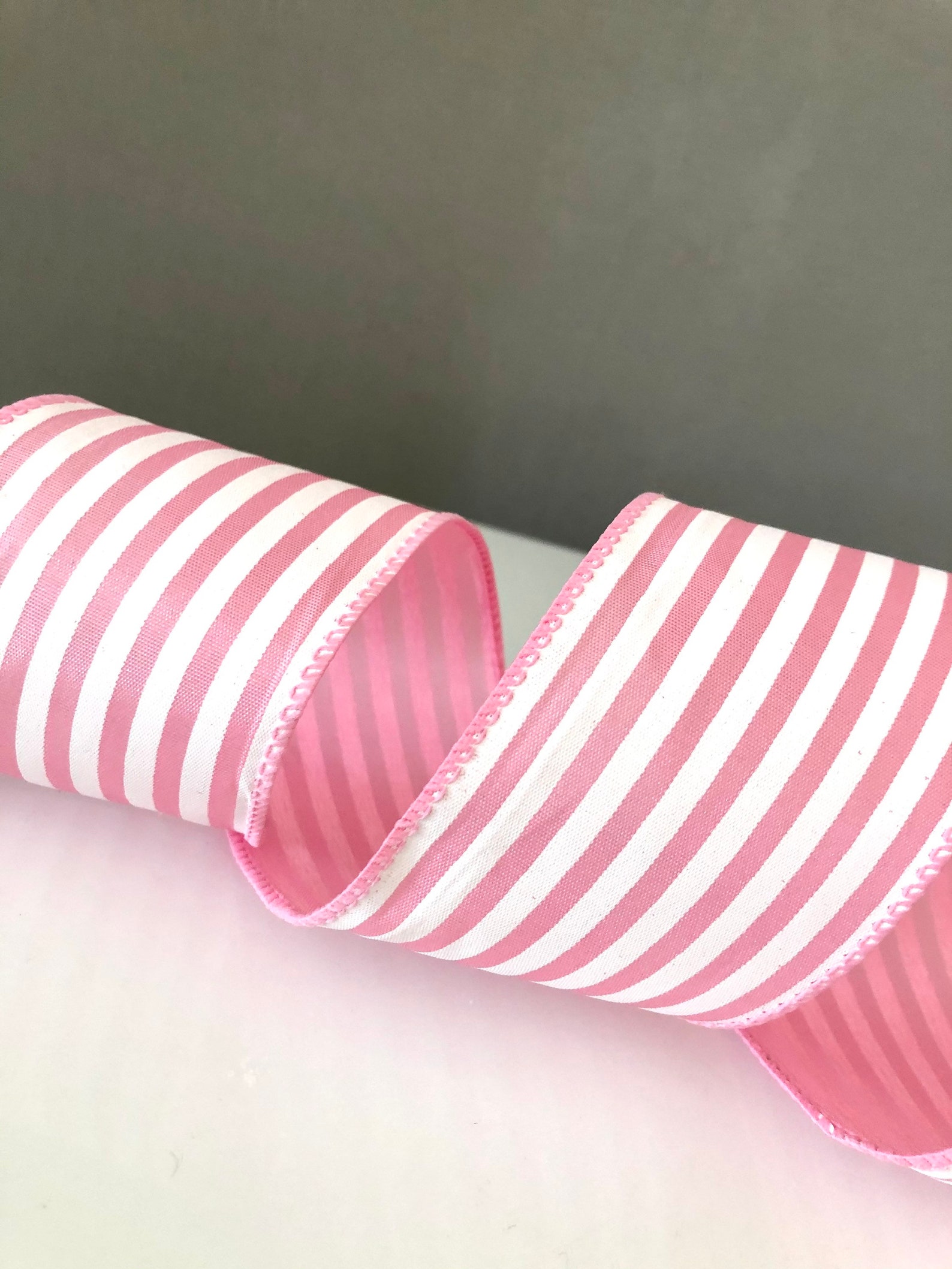 Wire Edged Ribbon 2.5''pink White Striped Ribbon | Etsy