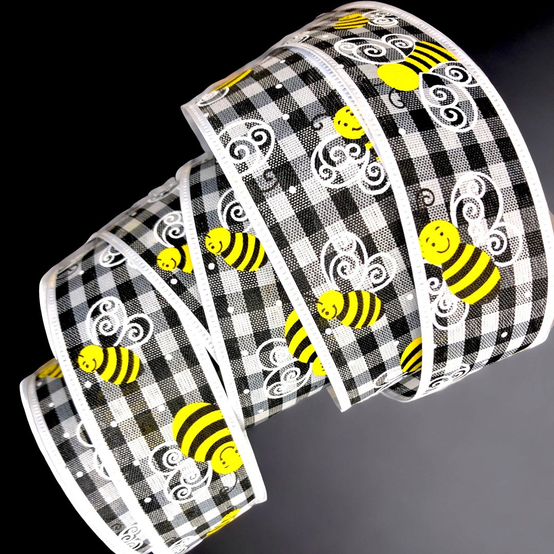 Wire Edged Ribbon UK 1.5”,bee Ribbon Summer Wreathes ,bees on Gingham ...