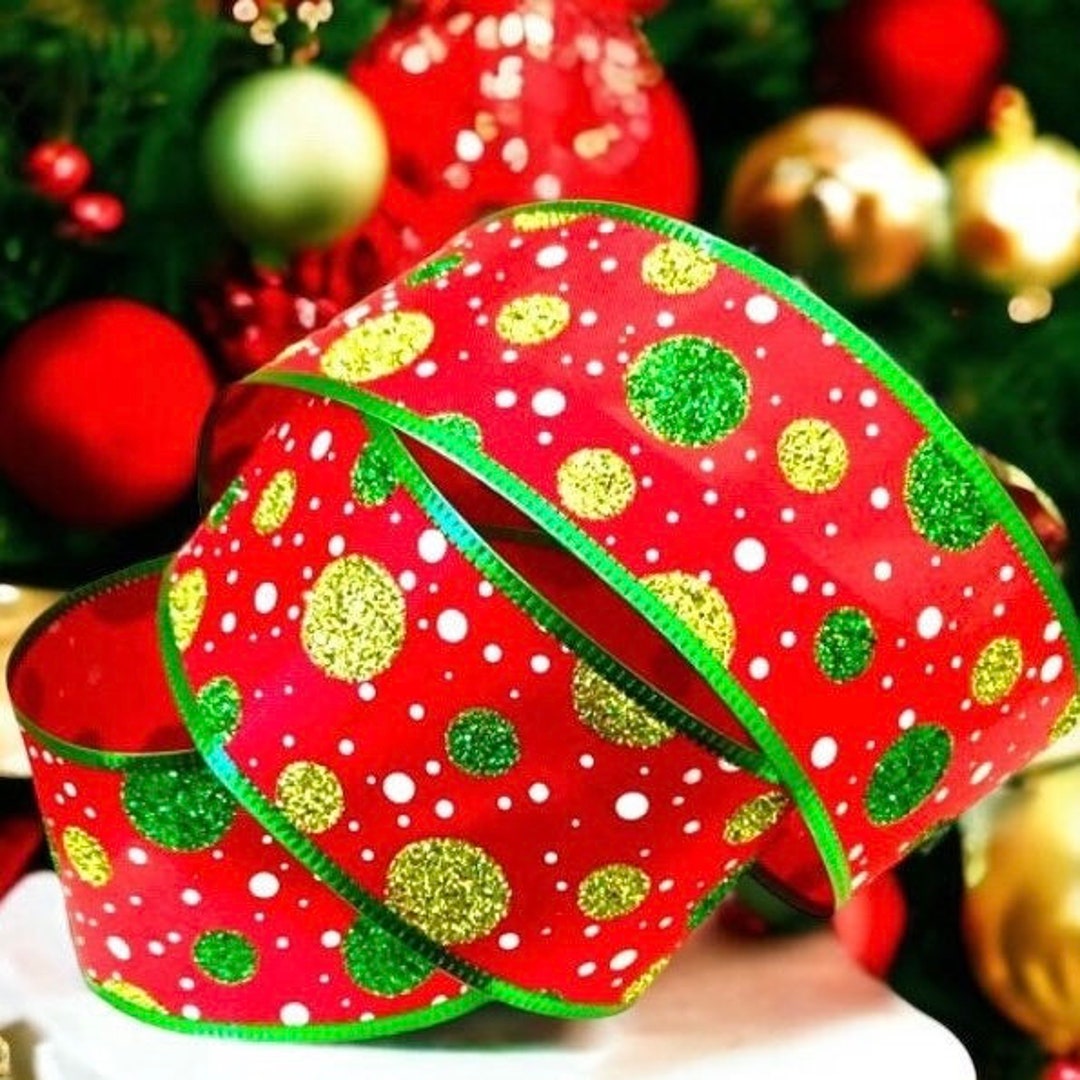 Wire Edged Ribbon 2.5” , Lime & Emerald Green Glitter Dots on Red and ...