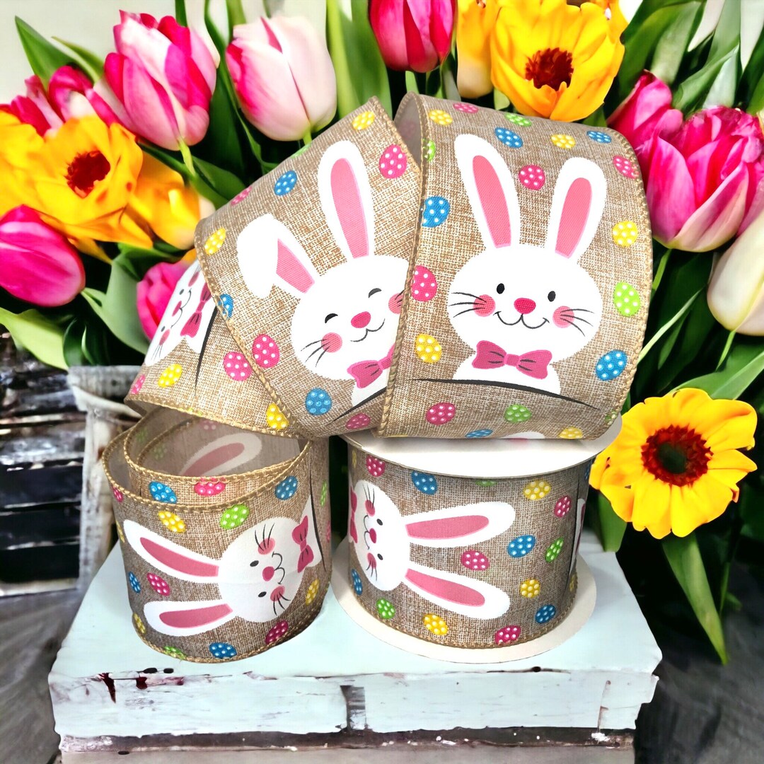 Wire Edge Easter Bunny Ribbon 2.5 , Cute Easter Bunny and Pastel Eggs ...