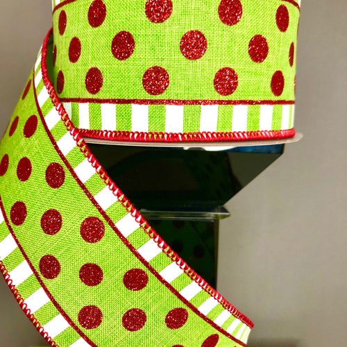 Wired Ribbon christmas Red White Lime Green Striped Ribbon - Etsy UK