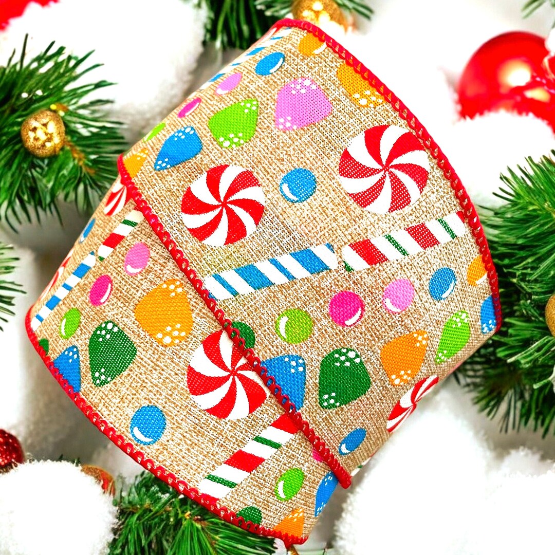 Wire Edged Christmas Ribbon,2.5”,peppermints Candy Kanes & Cumdrops on Natural, Candy Christmas ...