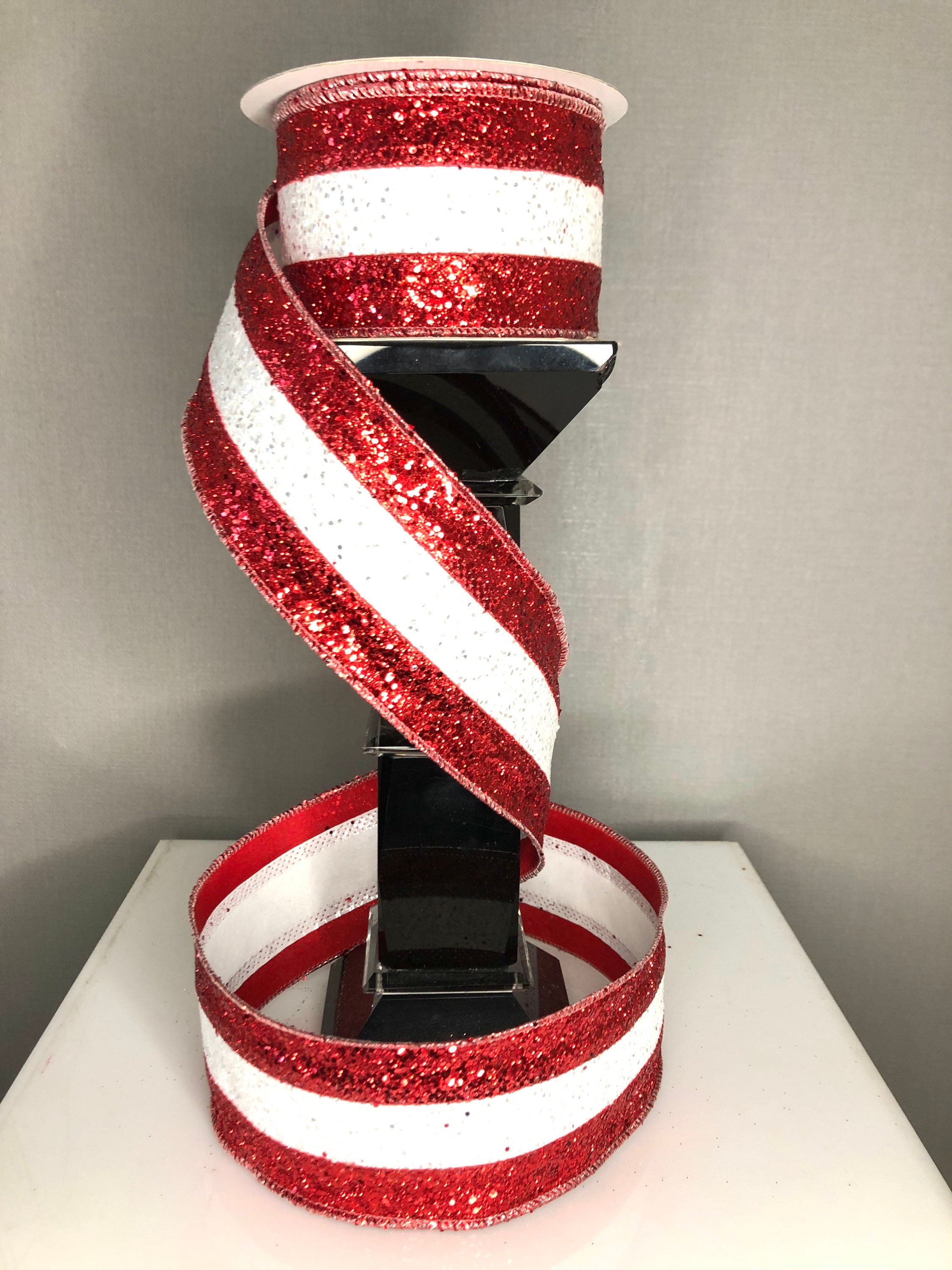 Wire Edge Ribbon , 2.5” , Super Glitter in Red and White Perfect for ...