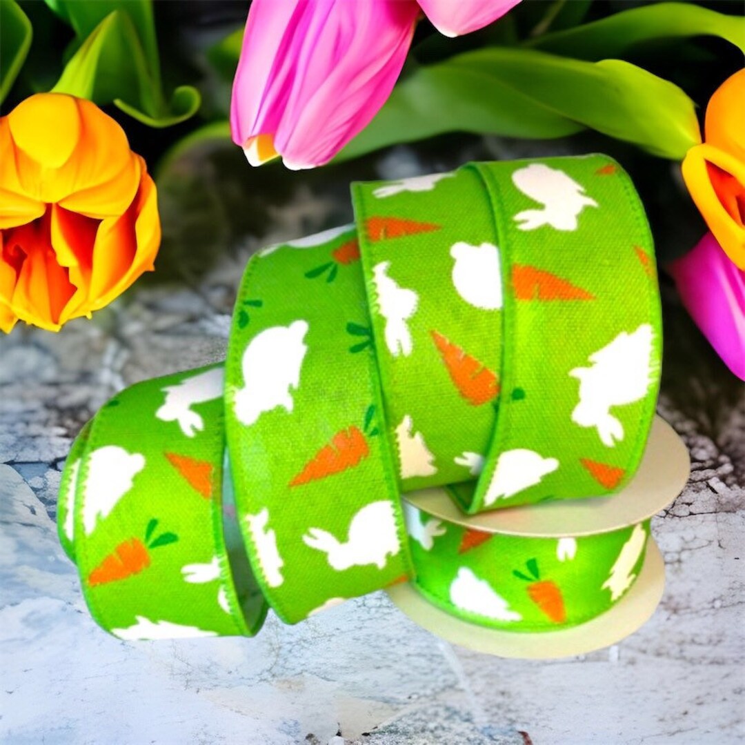 Wire Edge Easter Ribbon , 1.5 White Bunny and Carrots on Green , Easter ...