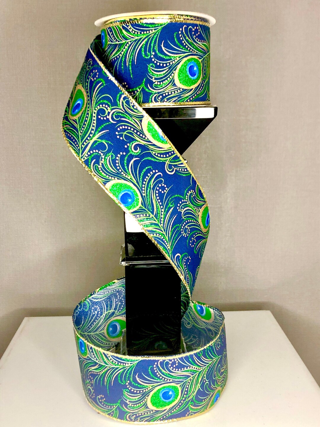 Wired Ribbon 2.5 , Stunning Peacock Design in Striking Peacock Blue ...