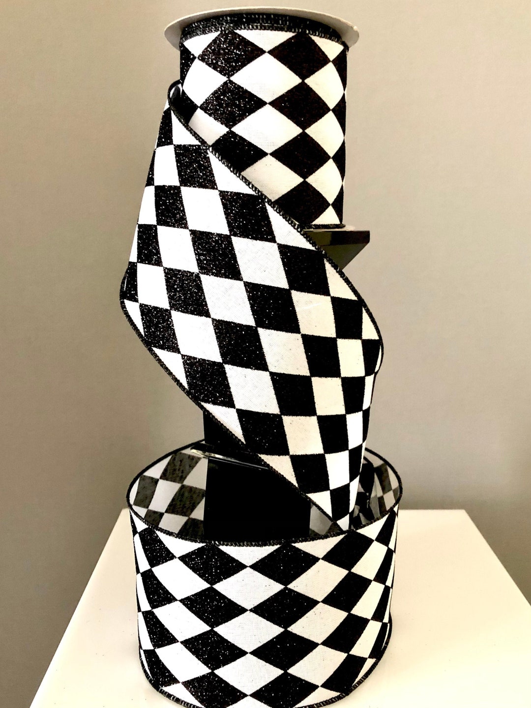 Wire Edge Ribbon, 4 , Black and White Harlequin Glitter Ribbon ...