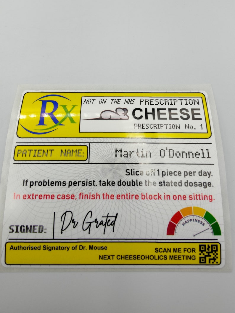 Personalised Cheese Prescription Label Stickers, Sweets, Pharmacy, Get ...