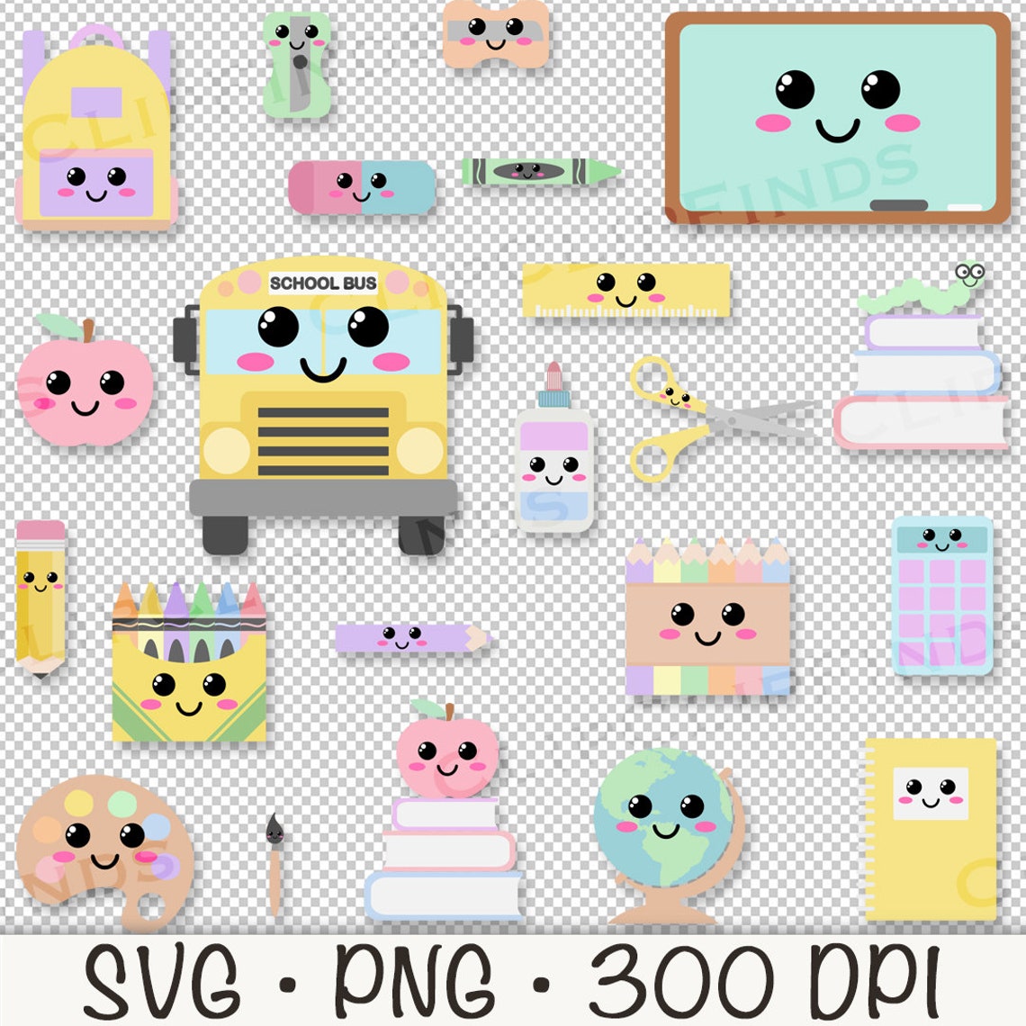 Cute School Supplies Clipart, Pastel Kawaii School Classroom PNG ...