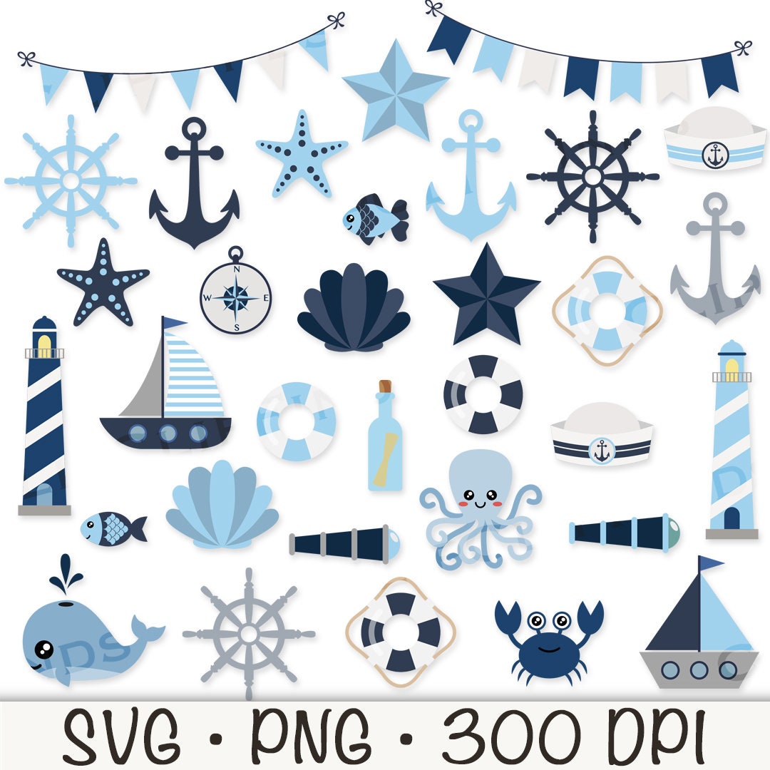 Blue Nautical Clipart Pack, Ocean Clipart SVG, Nautical PNG, Lighthouse ...