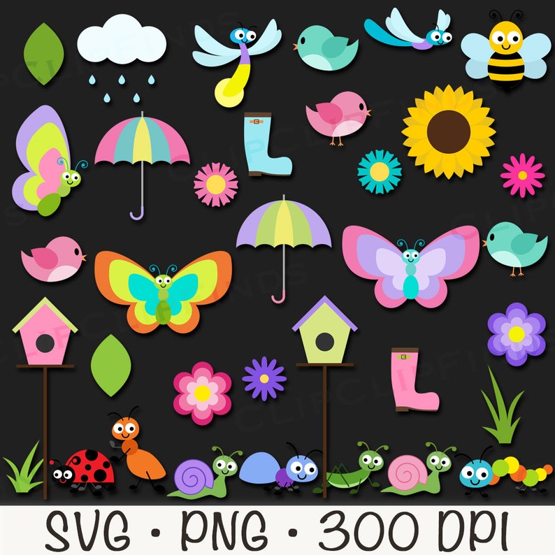 Cute Spring Animals Clipart, Spring SVG, Rain Boots, Sunflower, Bee ...