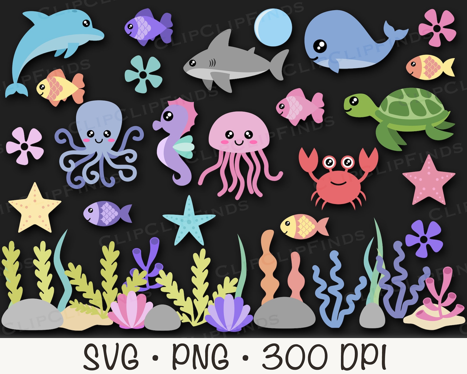 Cute Sea Animals SVG, Ocean Sea Animals PNG Clipart, Starfish, Whale ...