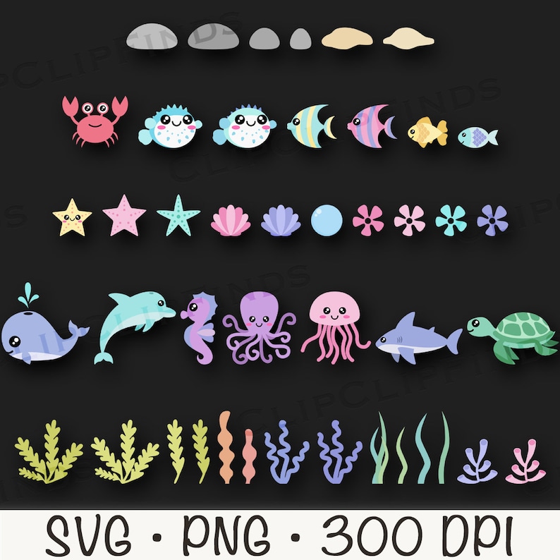 Cute Sea Animals SVG, Kawaii Ocean Sea Animals PNG Clipart, Patel ...