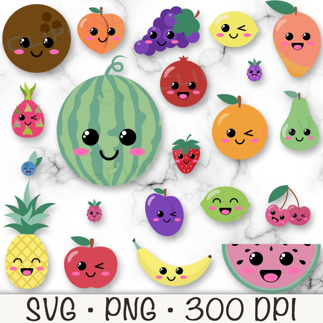Kawaii Obst Clipart, Obst SVG, Obst PNG, süßes Obst Bundle, süße ...