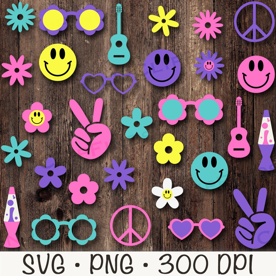 Retro Groovy Clipart, Hippie SVG, Hippie PNG, Flower Power, Happy Face ...
