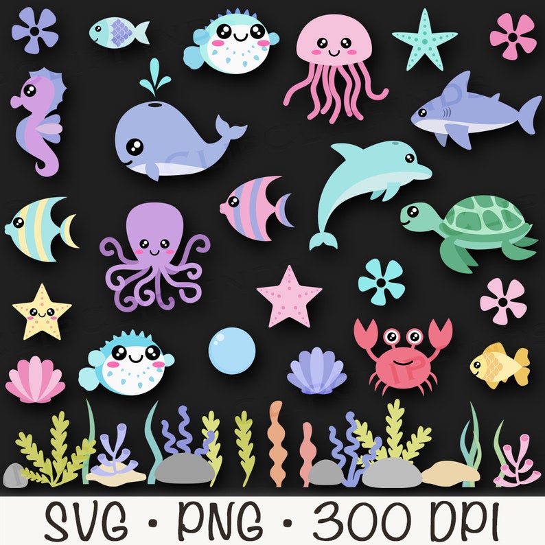 Cute Sea Animals SVG, Kawaii Ocean Sea Animals PNG Clipart, Patel ...