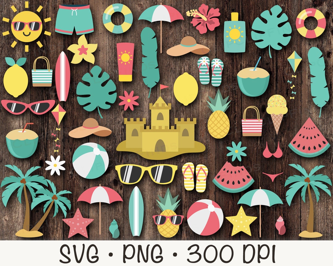 Cute Tropical Beach Clipart Art Bundle Pack, Beach SVG, Mint Green, Sun ...