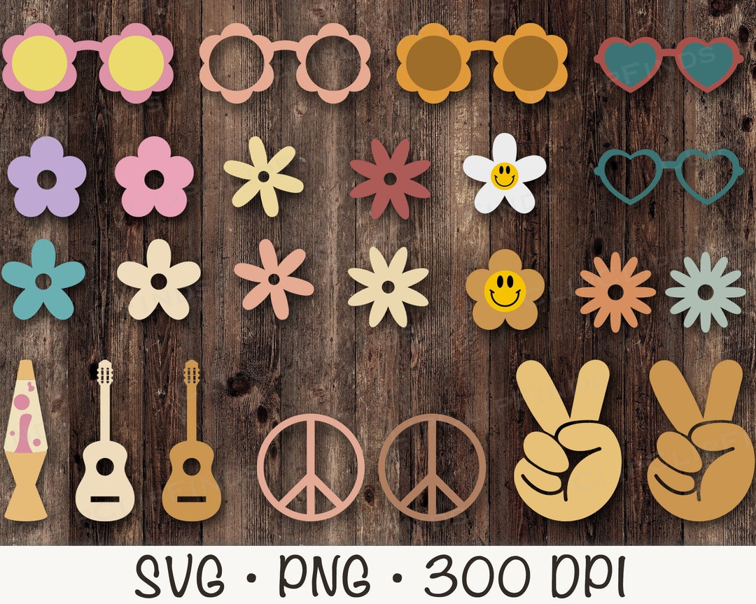 Hippie Bundle Clip Art, Groovy, Daisy Flowers, Peace, Guitar, SVG, PNG ...