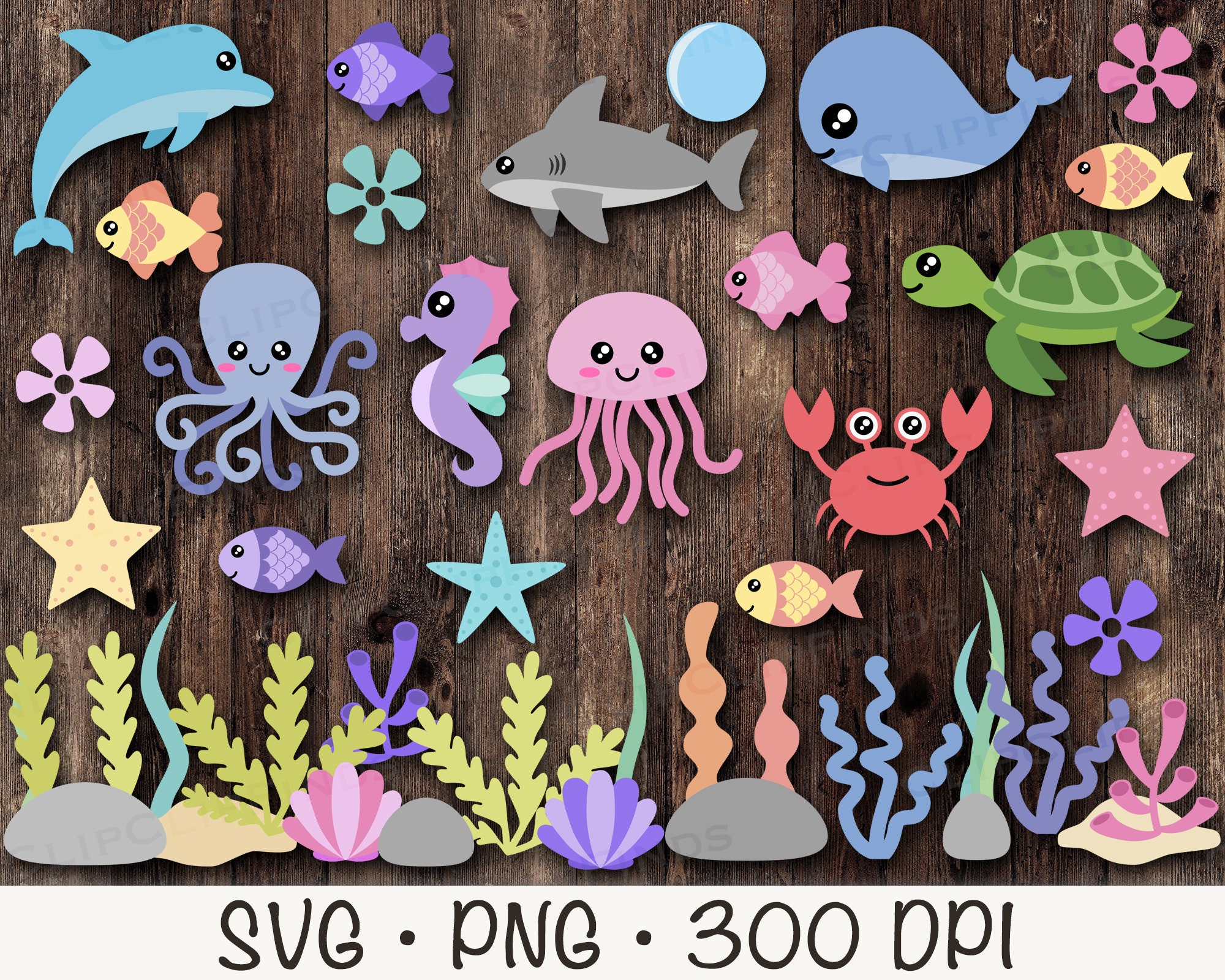 Cute Sea Animals SVG, Ocean Sea Animals PNG Clipart, Starfish, Whale ...