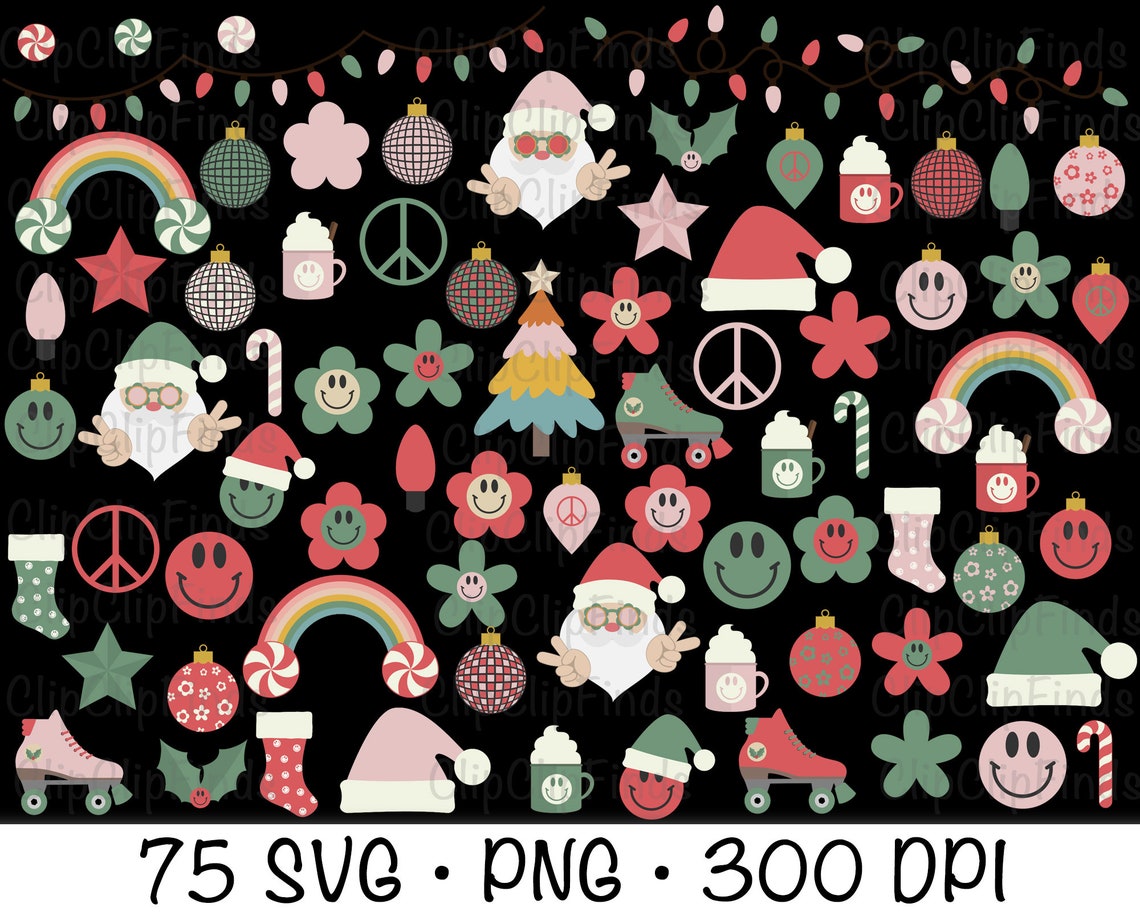 Groovy Christmas Clipart Hippie Santa Peace Sign Retro - Etsy