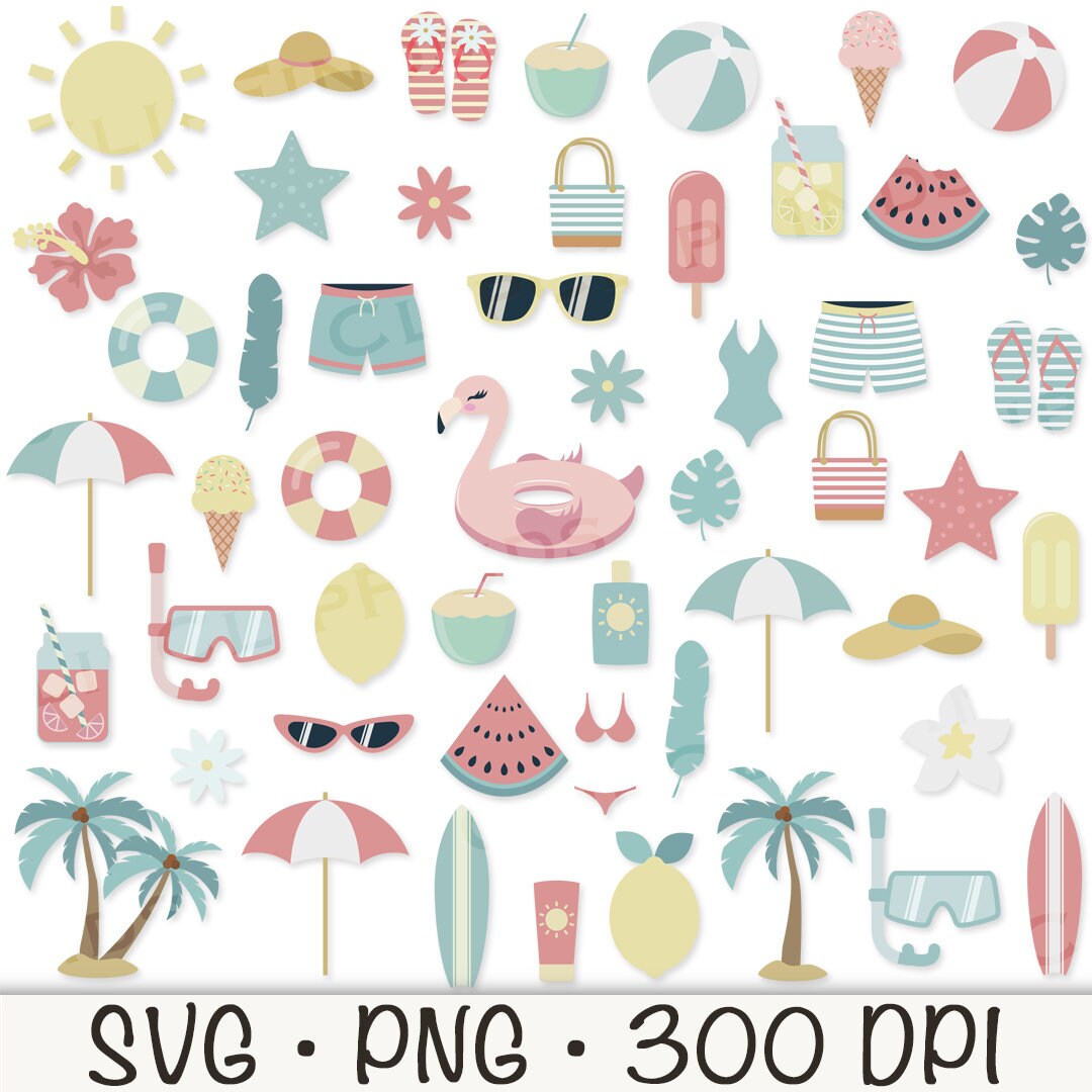 Summer Clipart, Cute Summer Clipart PNG Bundle, Minimalist, Surfboard ...