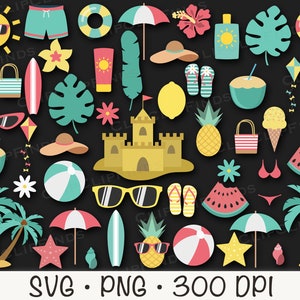 Cute Tropical Beach Clipart Art Bundle Pack, Beach SVG, Mint Green, Sun ...