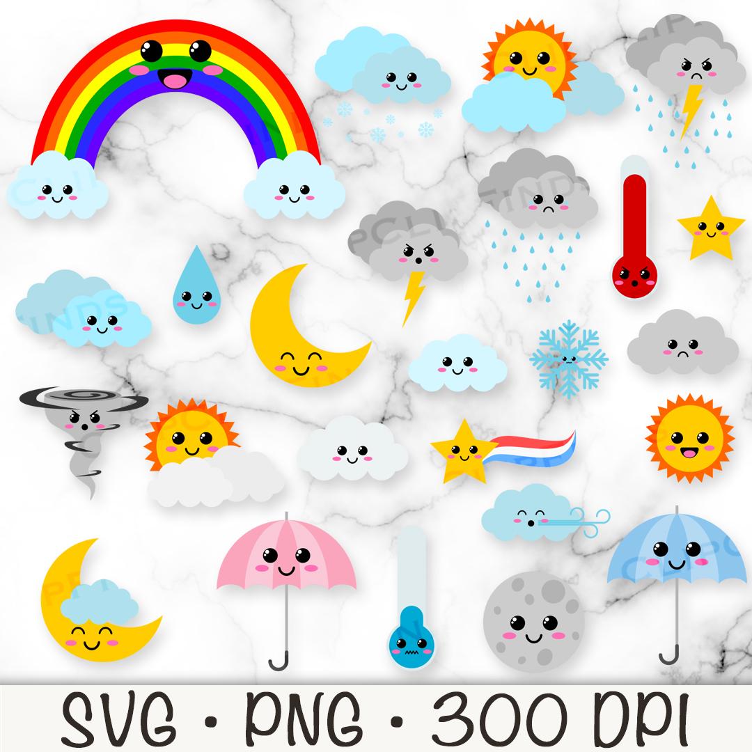 Kawaii Weather Clipart, Weather PNG, Weather SVG, Forecast, Rain, Wind ...