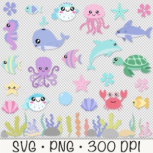 Cute Sea Animals SVG, Kawaii Ocean Sea Animals PNG Clipart, Patel ...