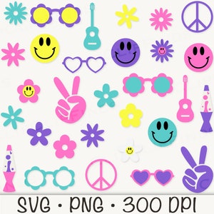Retro Groovy Clipart, Hippie SVG, Hippie PNG, Flower Power, Happy Face ...