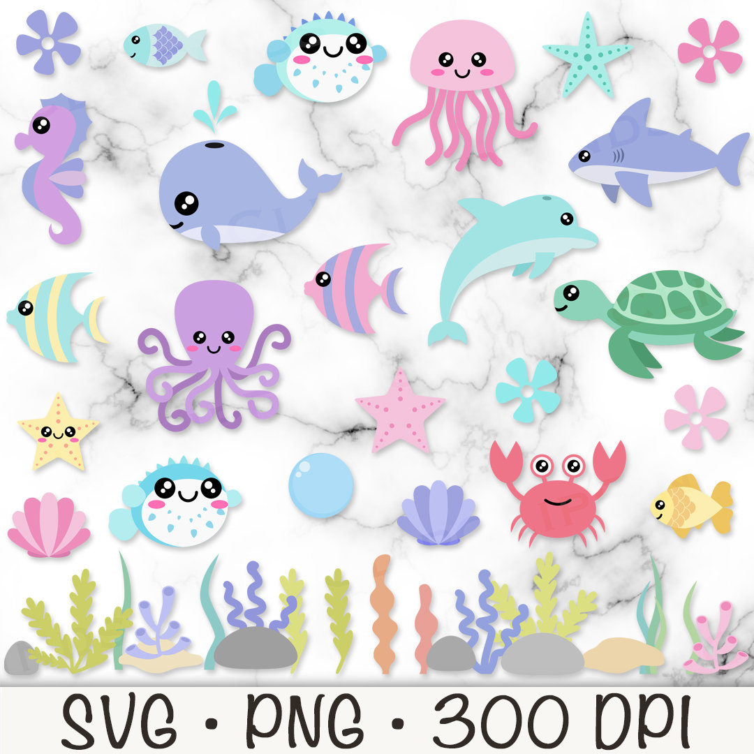 Cute Sea Animals SVG, Kawaii Ocean Sea Animals PNG Clipart, Patel ...