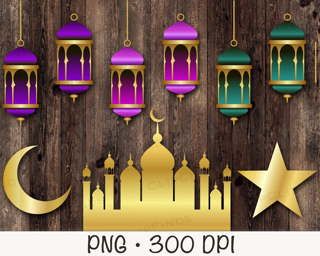 Ramadan Clipart, Mosque, Islamic Lanterns, Crescent Moon and Star ...