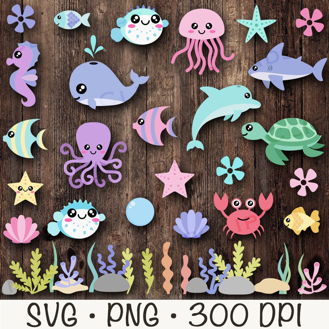 Cute Sea Animals SVG, Kawaii Ocean Sea Animals PNG Clipart, Patel ...