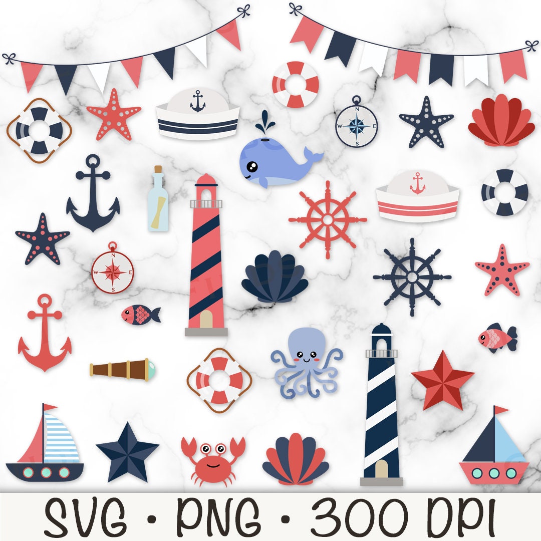 Nautical Clipart Bundle Pack, Nautical SVG, Light House, Boat, Starfish ...