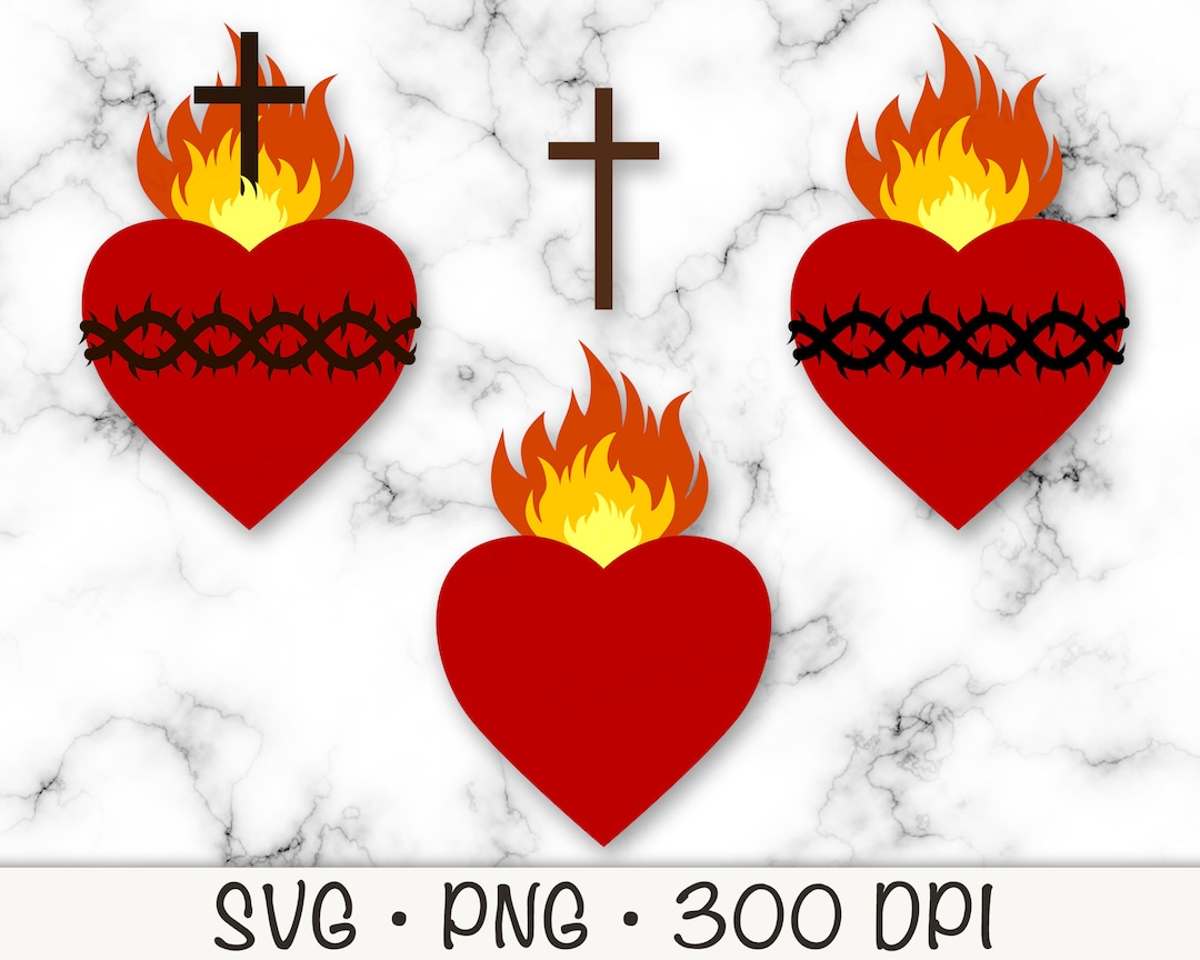 Sacred Heart SVG, Heart With Flames Clip Art, Heart With Crown of ...