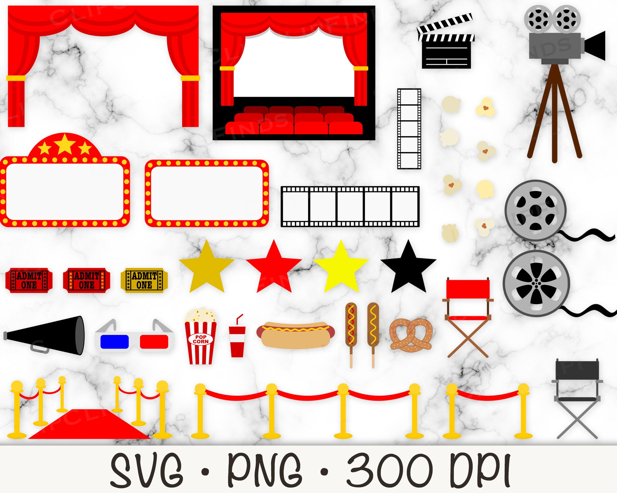 Movie Clipart: Cinema Graphics, Movie Night SVG PNG (digital Download ...