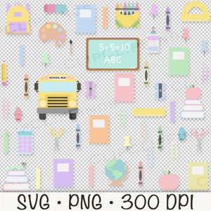 Pastel School Clipart, School Supplies SVG, Cute School Graphics PNG ...