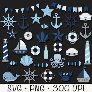 Blue Nautical Clipart Pack, Ocean Clipart SVG, Nautical PNG, Lighthouse ...
